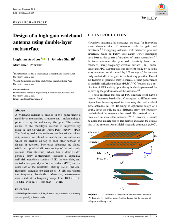 (PDF) Design of a high‐gain wideband antenna using double‐layer metasurface