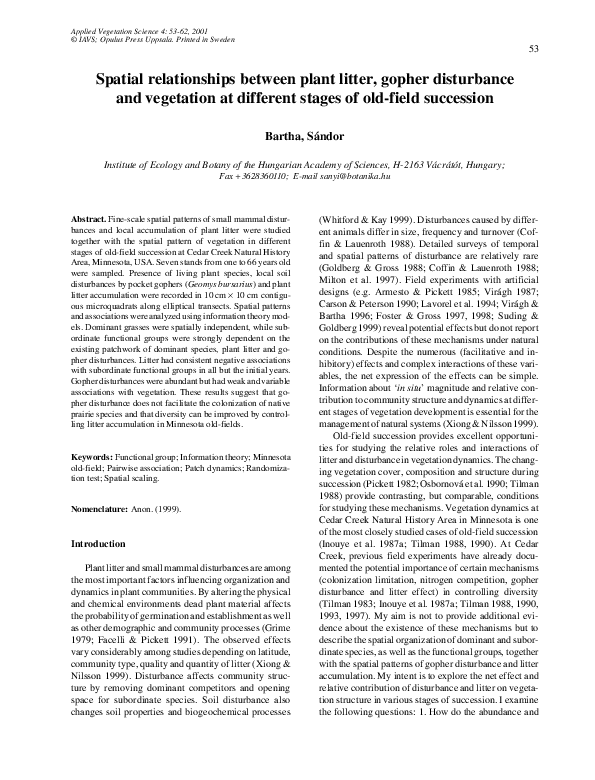 Pdf Spatial Relationships Between Plant Litter Gopher Disturbance