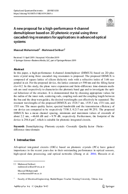 (PDF) A new proposal for a high-performance 4-channel demultiplexer based on 2D photonic crystal ...