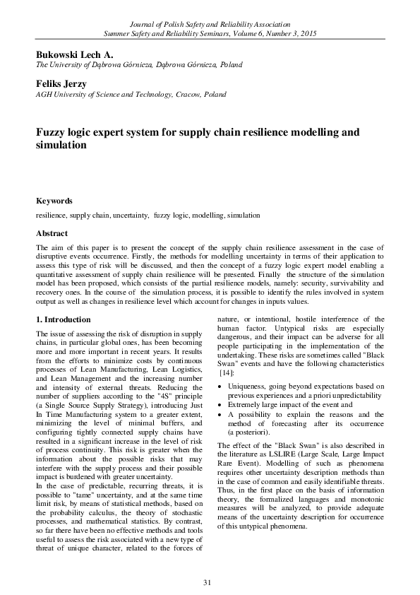 (PDF) Fuzzy logic expert system for supply chain resilience modelling and simulation