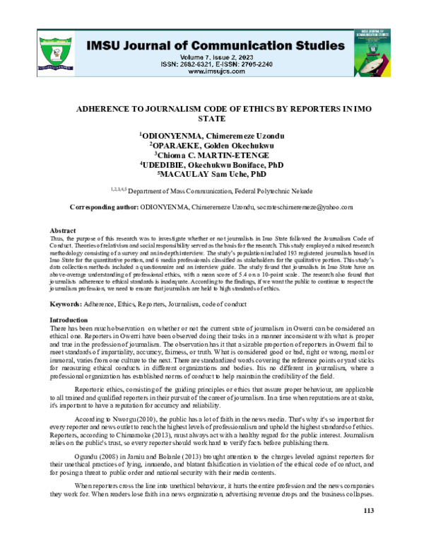 ADHERENCE TO JOURNALISM CODE OF ETHICS BY REPORTERS IN IMO STATE