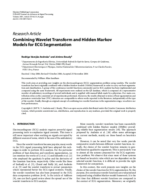 Pdf Combining Wavelet Transform And Hidden Markov Models For Ecg