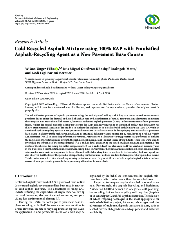 (PDF) Cold Recycled Asphalt Mixture using 100% RAP with Emulsified Asphalt-Recycling Agent as a ...