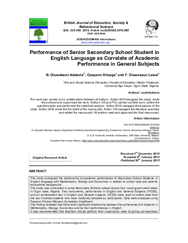 (PDF) Performance of Senior Secondary School Student in English Language as Correlate of ...