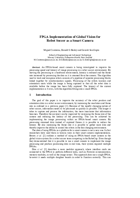 Pdf Fpga Implementation Of Global Vision For Robot Soccer As A Smart Camera 