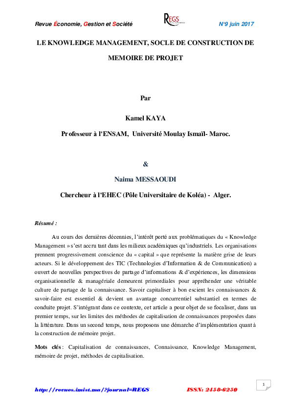 (PDF) Le Knowledge Management : Socle de Construction de Memoire de Projet