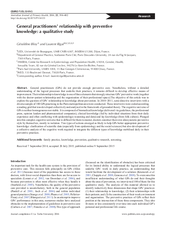 (PDF) General practitioners’ relationship with preventive knowledge: a qualitative study
