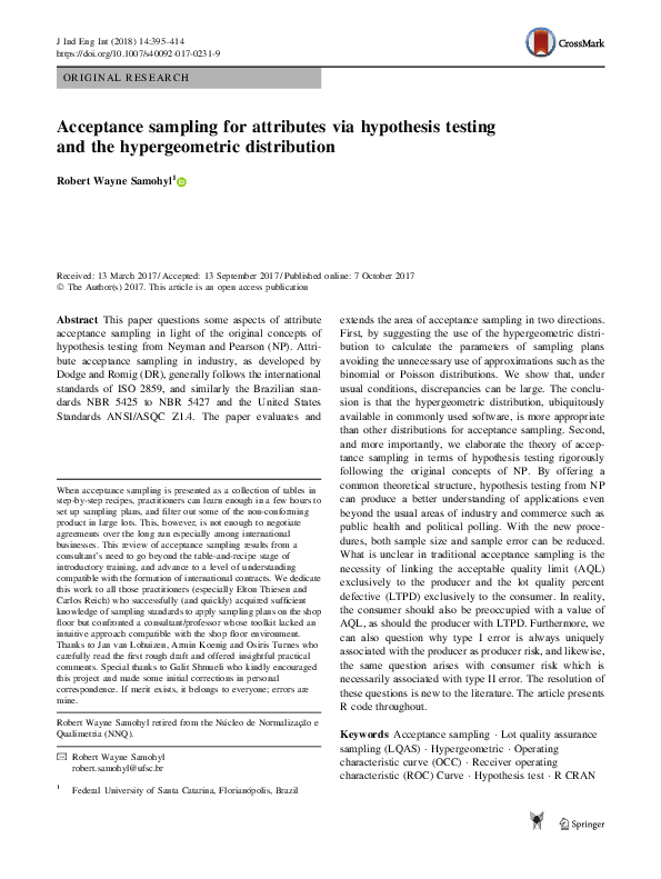 (PDF) Attribute Acceptance Sampling and Hypothesis Testing