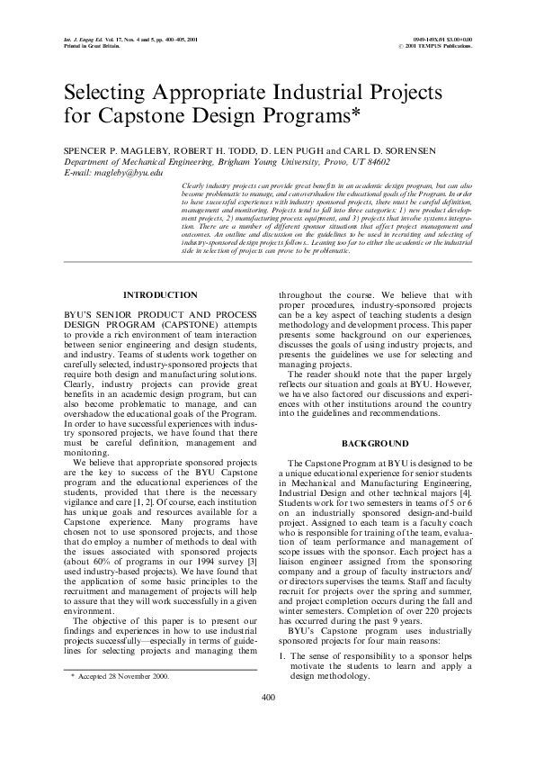 (PDF) Selecting Appropriate Industrial Projects for Capstone Design ...