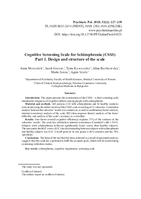 (PDF) The Cognitive Screening Scale for Schizophrenia (CSSS) – Part 1 ...