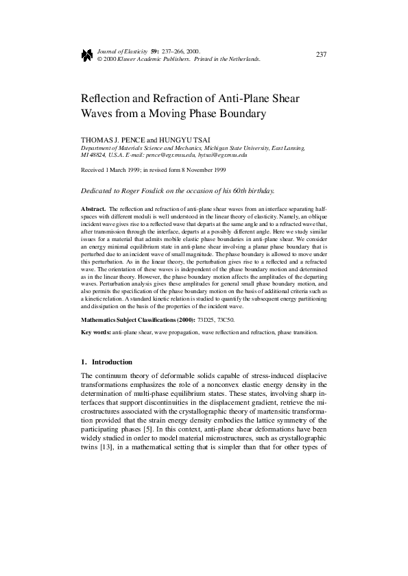 (PDF) Reflection and Refraction of Anti-Plane Shear Waves from a Moving ...