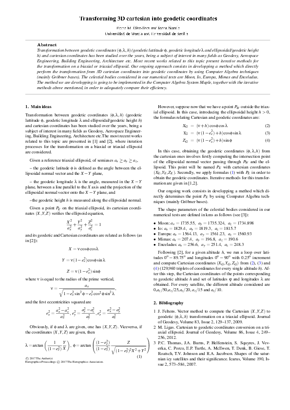 Pdf Transforming 3d Cartesian Into Geodetic Coordinates