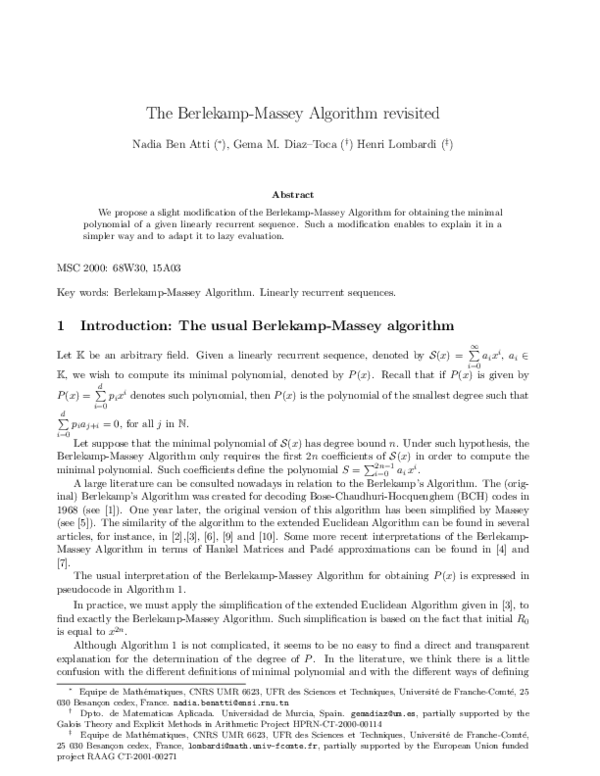 (PDF) The Berlekamp-Massey Algorithm revisited