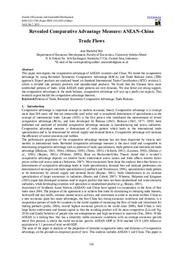 (PDF) Revealed Comparative Advantage Measure: ASEAN-China Trade Flows