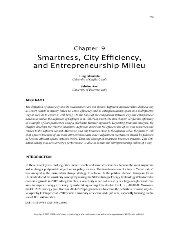 (PDF) Smartness, City Efficiency, and Entrepreneurship Milieu