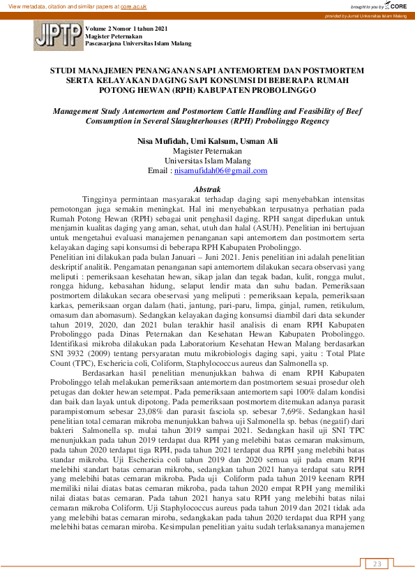 (PDF) Studi Manajemen Penanganan Sapi Antemortem Dan Postmortem Serta ...