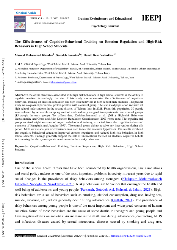 Pdf The Effectiveness Of Cognitive Behavioral Training On Emotion Regulation And High Risk
