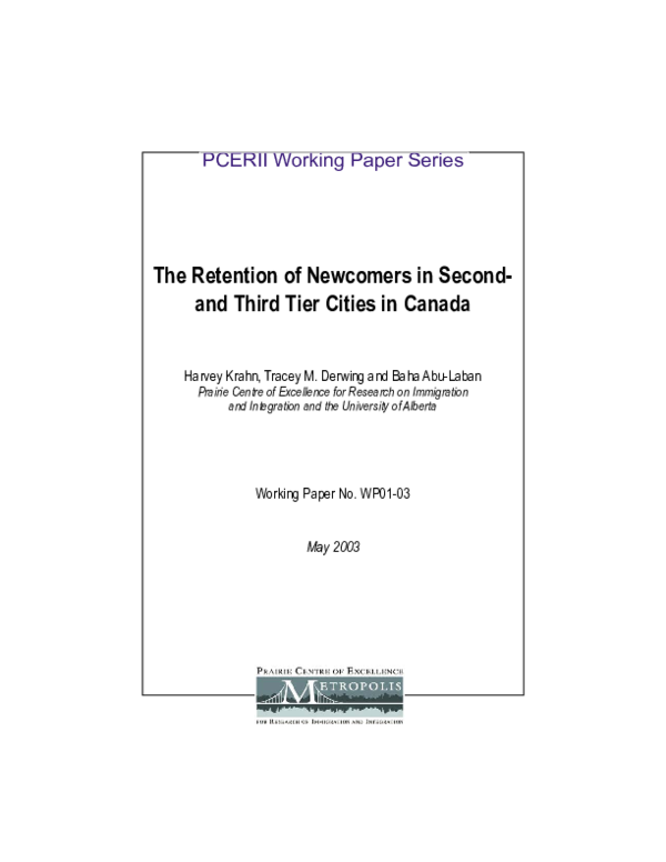 (PDF) The Retention of Newcomers in Second- and Third Tier Cities in Canada