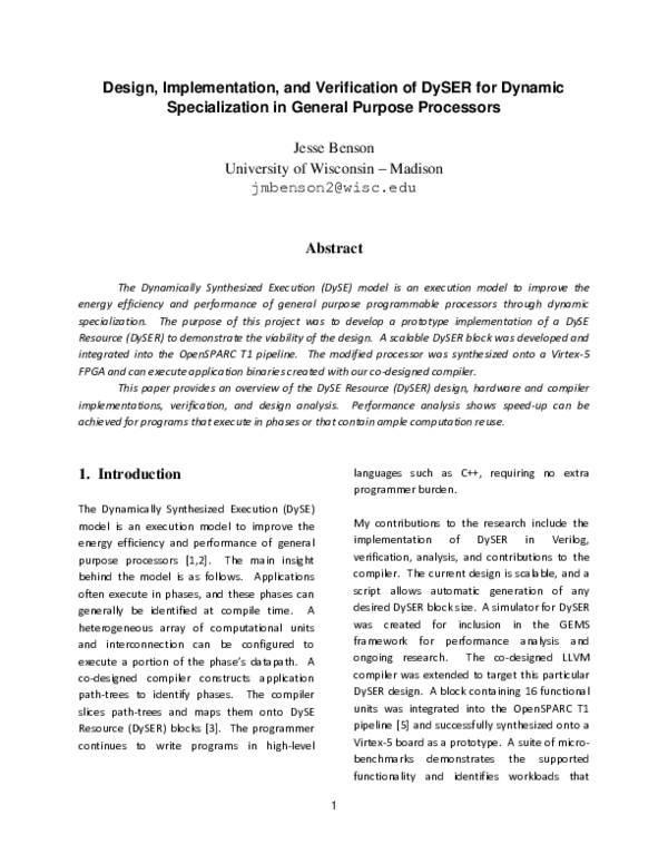 (PDF) Design, Implementation, and Verification of DySER for Dynamic Specialization in General ...
