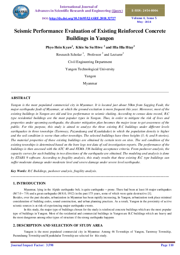 Pdf Seismic Performance Evaluation Of Existing Reinforced Concrete Buildings In Yangon