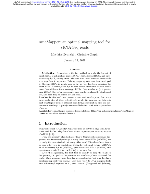 (PDF) srnaMapper: an optimal mapping tool for sRNA-Seq reads