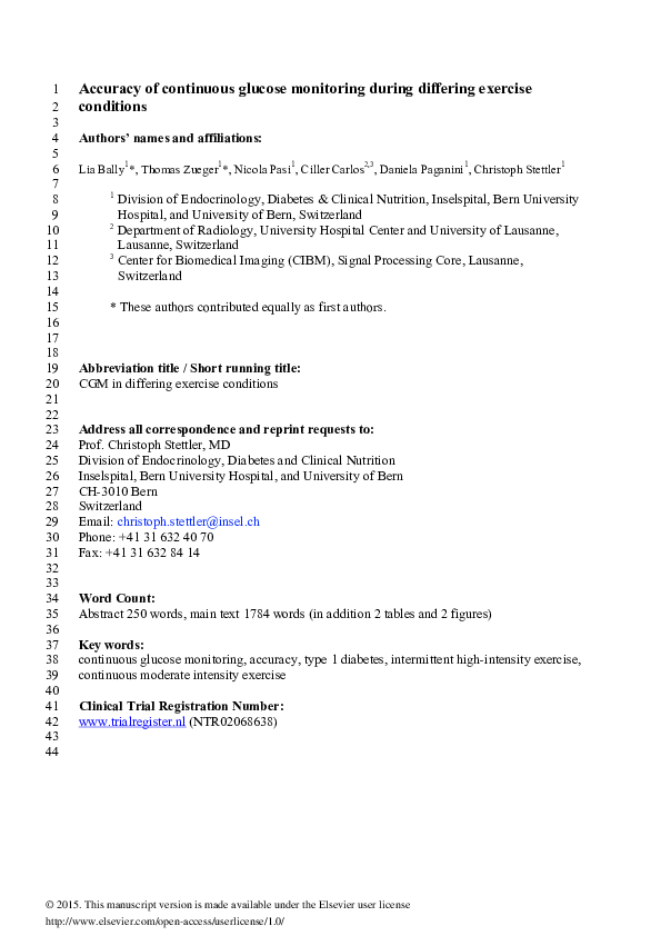 (PDF) Accuracy of continuous glucose monitoring during differing exercise conditions