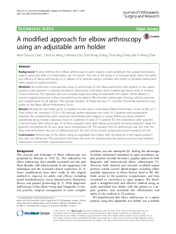 (PDF) A modified approach for elbow arthroscopy using an adjustable arm ...