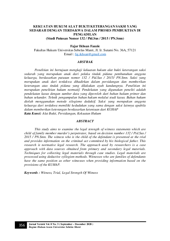 (PDF) KEKUATAN HUKUM ALAT BUKTI KETERANGAN SAKSI YANG SEDARAH DENGAN TERDAKWA DALAM PROSES ...