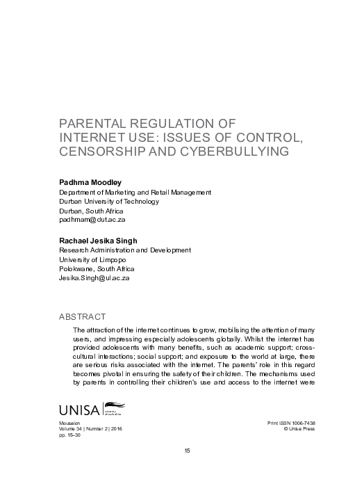 (PDF) Parental Regulation of Internet Use: Issues of Control ...