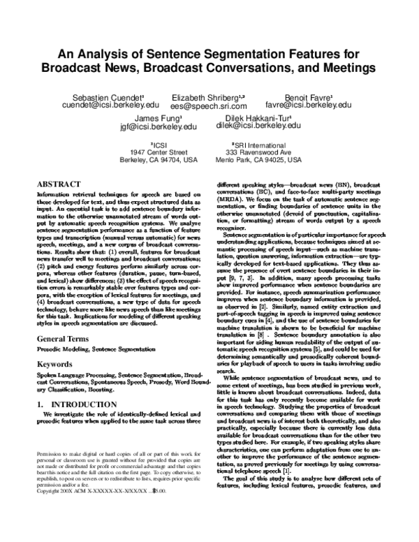 (PDF) An Analysis of Sentence Segmentation Features for Broadcast News, Broadcast Conversations ...