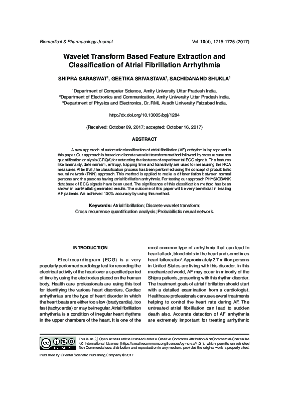 Pdf Wavelet Transform Based Feature Extraction And Classification Of Atrial Fibrillation