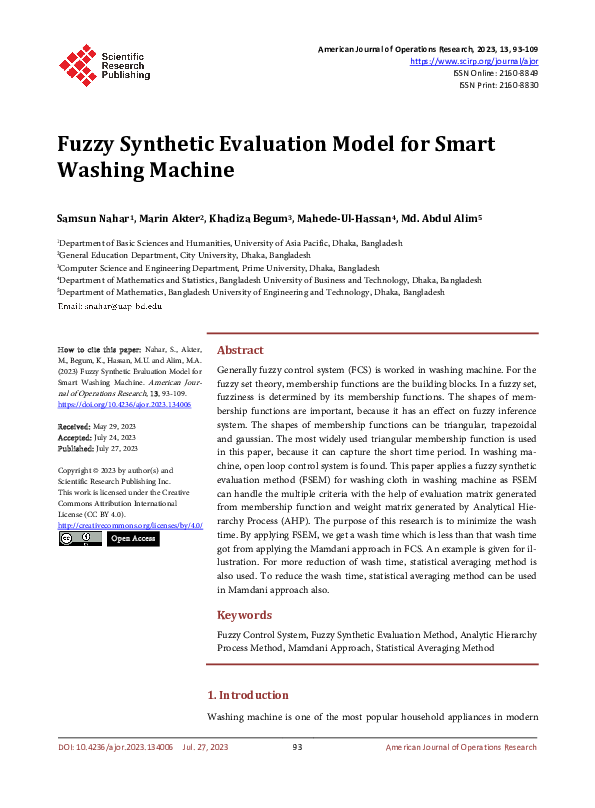 (PDF) Fuzzy Synthetic Evaluation Model for Smart Washing Machine