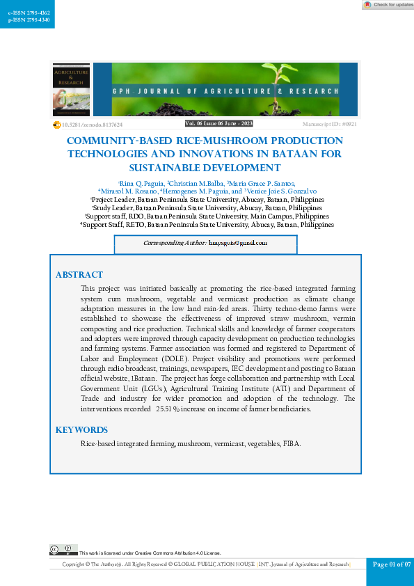 (PDF) Community-Based Rice-Mushroom Production Technologies and ...