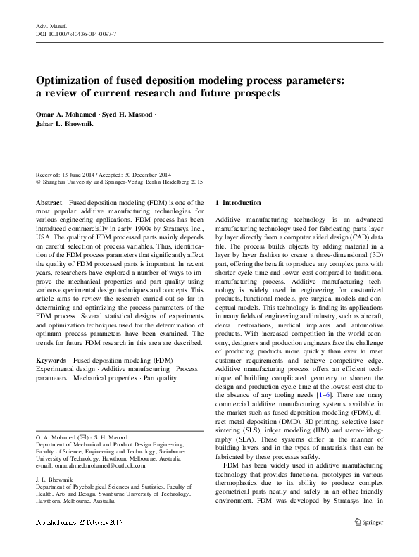 (PDF) Optimization of fused deposition modeling process parameters: a review of current research ...
