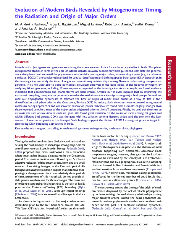 (PDF) Evolution of Modern Birds Revealed by Mitogenomics: Timing the ...