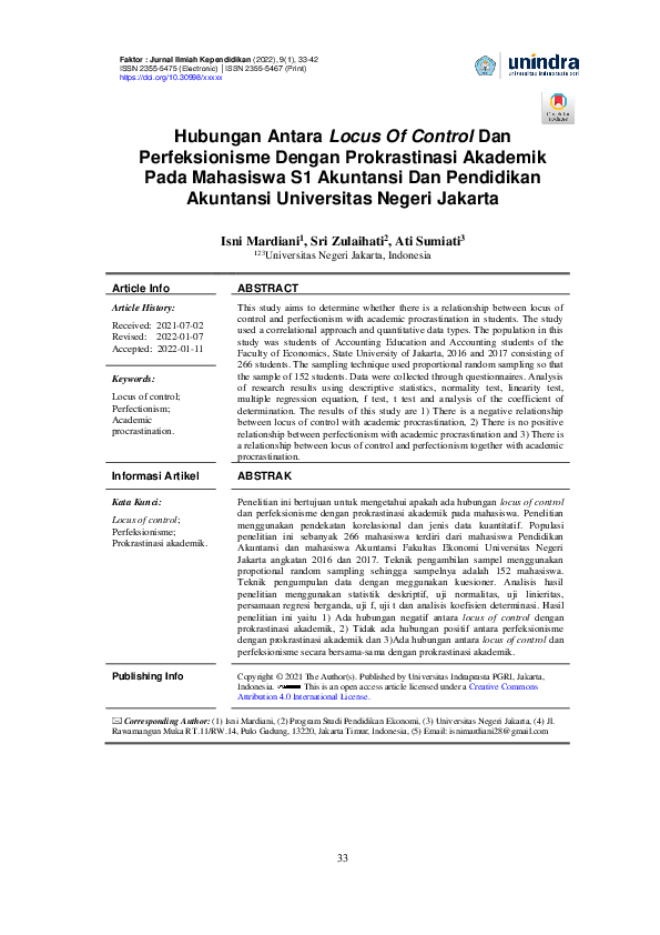 (PDF) Hubungan Antara Locus Of Control Dan Perfeksionisme Dengan Prokrastinasi Akademik Pada ...