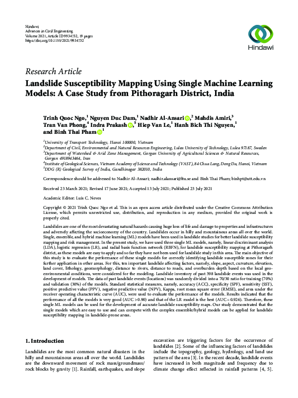 (PDF) Landslide Susceptibility Mapping Using Single Machine Learning Models: A Case Study from ...