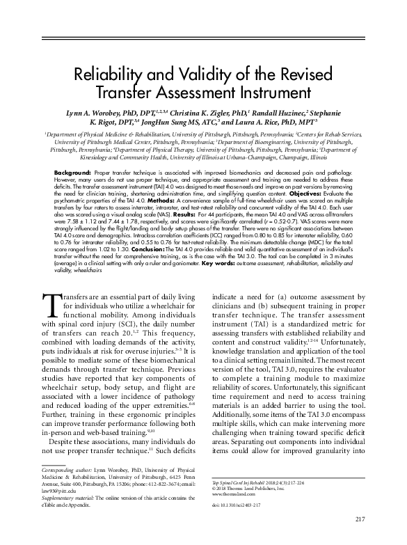 (PDF) Reliability and Validity of the Revised Transfer Assessment Instrument