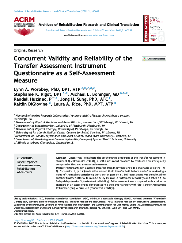 (PDF) Concurrent Validity and Reliability of the Transfer Assessment Instrument Questionnaire as ...