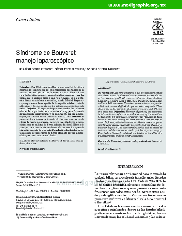 (PDF) Laparoscopic management of Bouveret syndrome