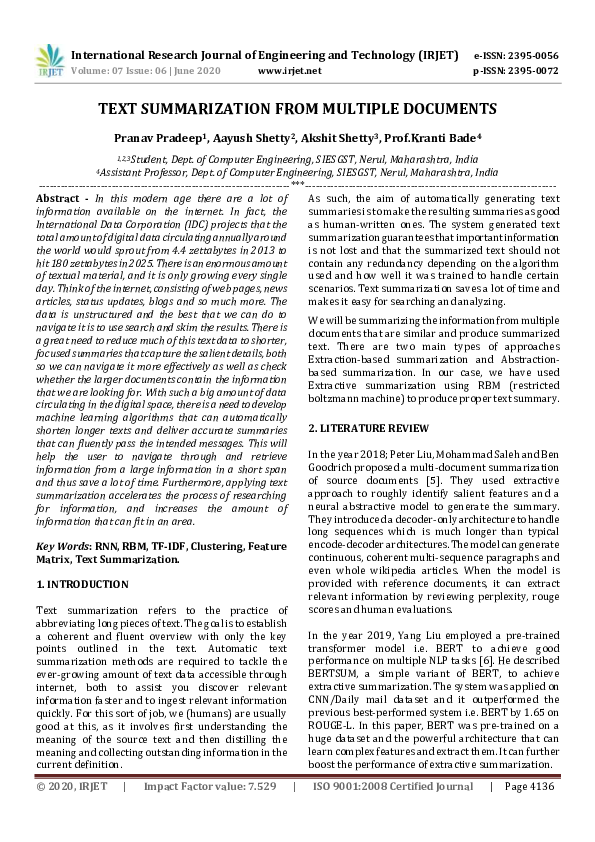 (PDF) Multi-Document Text Summarization Methods