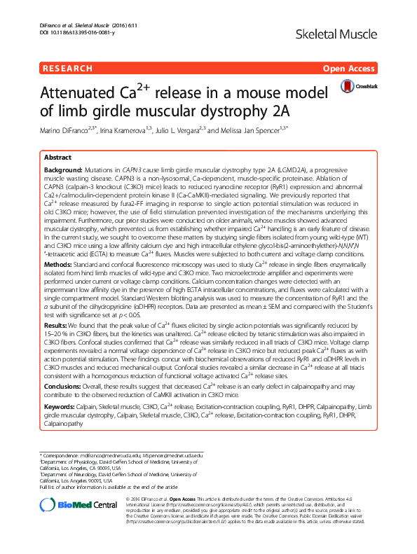 (PDF) Attenuated Ca(2+) release in a mouse model of limb girdle ...