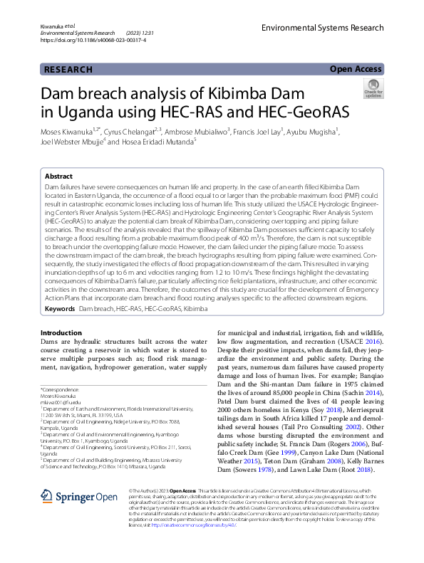 (PDF) Dam breach analysis of Kibimba Dam in Uganda using HEC-RAS and ...