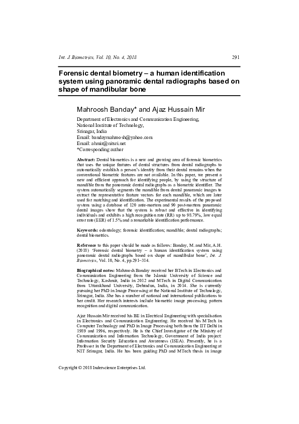 (PDF) Forensic dental biometry - a human identification system using ...