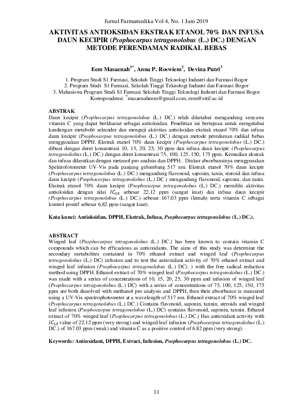(PDF) AKTIVITAS ANTIOKSIDAN EKSTRAK ETANOL 70% DAN INFUSA DAUN KECIPIR ...