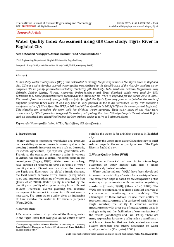 (PDF) Water Quality Index Assessment using GIS Case study: Tigris River in Baghdad City
