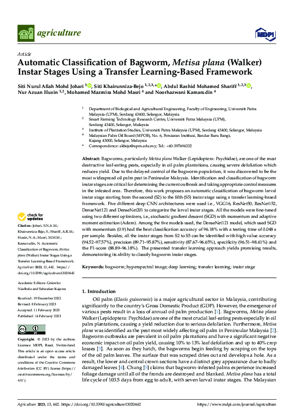 (PDF) Automatic Classification of Bagworm, Metisa plana (Walker) Instar Stages Using a Transfer ...