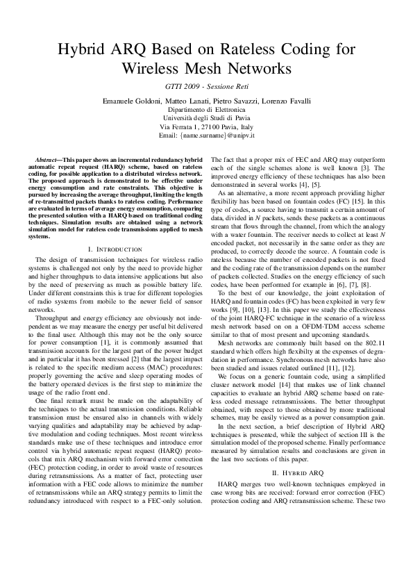 Pdf Hybrid Arq Based On Rateless Coding For Wireless Sensor Networks Pietro Savazzi 