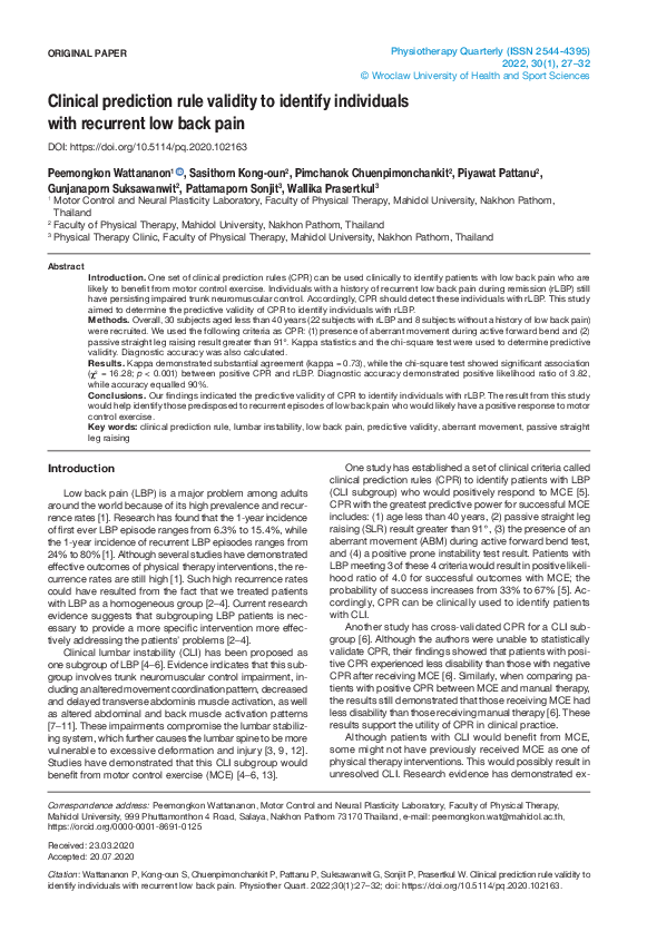 (PDF) Clinical prediction rule validity to identify individuals with ...