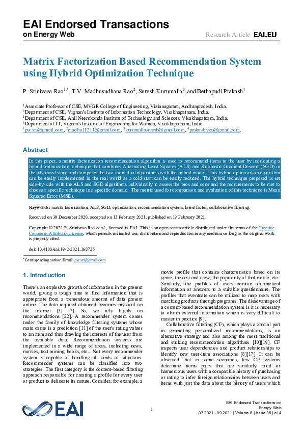 Pdf Matrix Factorization Based Recommendation System Using Hybrid